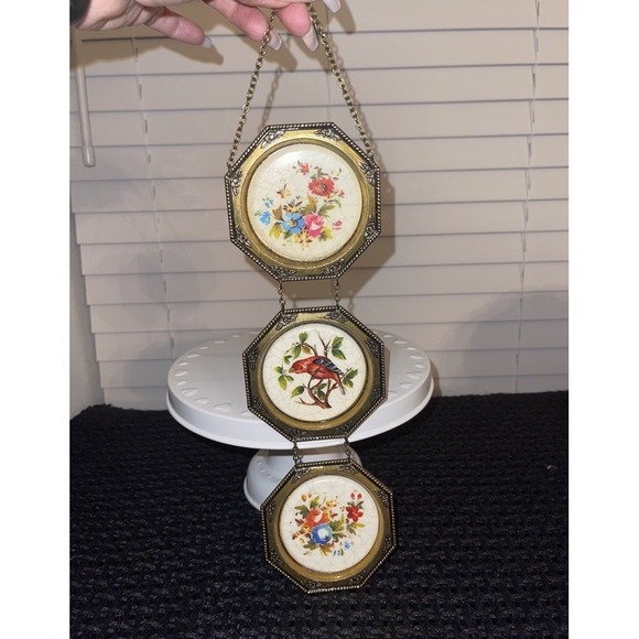 Art | Vintage Italy Ornate Metal Triple Art Print Frames Bird Flowers ...